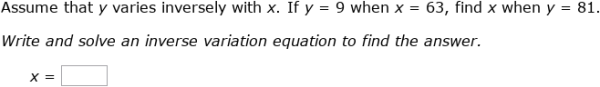 IXL - Write and solve inverse variation equations (Year 10 maths practice)
