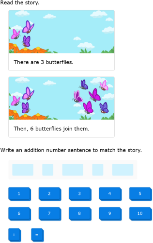 IXL - Addition sentences for word problems with pictures - sums up to 10 (Foundation maths practice)