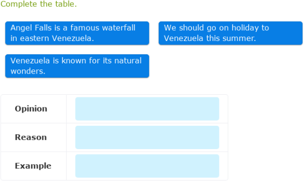 IXL - Complete the opinion-reason-example table (Year 3 English practice)