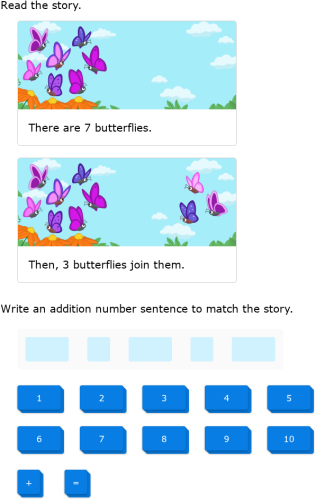IXL - Addition sentences for word problems with pictures - sums up to 10 (Year 1 maths practice)